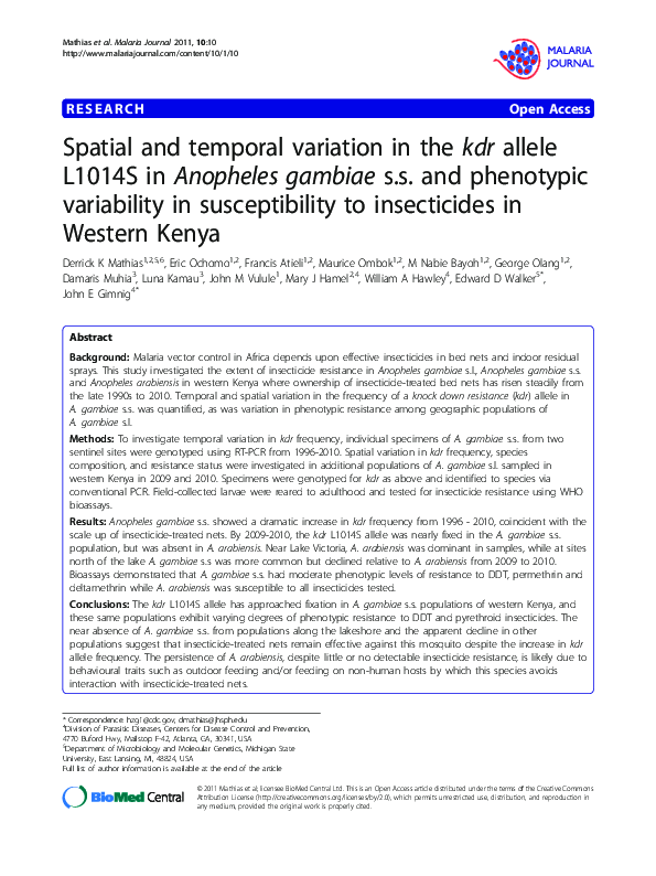 (PDF) Spatial and temporal variation in the kdr allele L1014S in Anopheles gambiae s.s. and ...