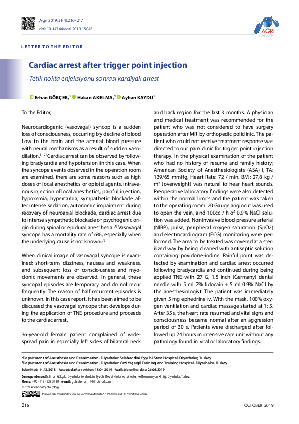 (PDF) Cardiac Arrest After Trigger Point Injection