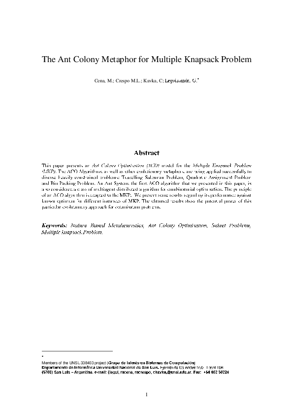 Pdf The Ant Colony Metaphor For Multiple Knapsack Problem Maria Liz Crespo