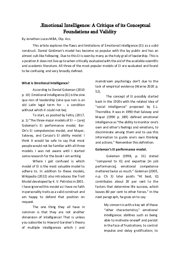(PDF) Emotional Intelligence: A Critique of its Conceptual Foundations ...