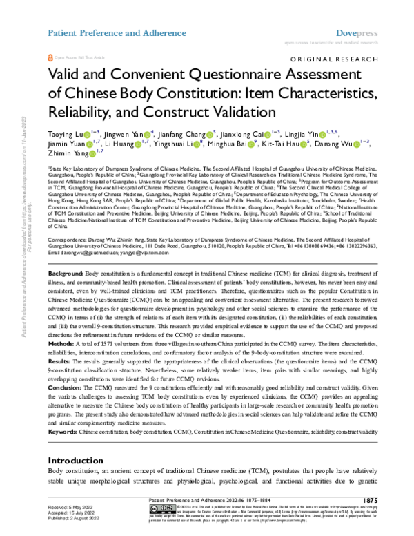 (PDF) Valid and Convenient Questionnaire Assessment of Chinese Body Constitution: Item ...