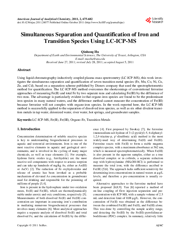 Pdf Simultaneous Separation And Quantification Of Iron And Transition