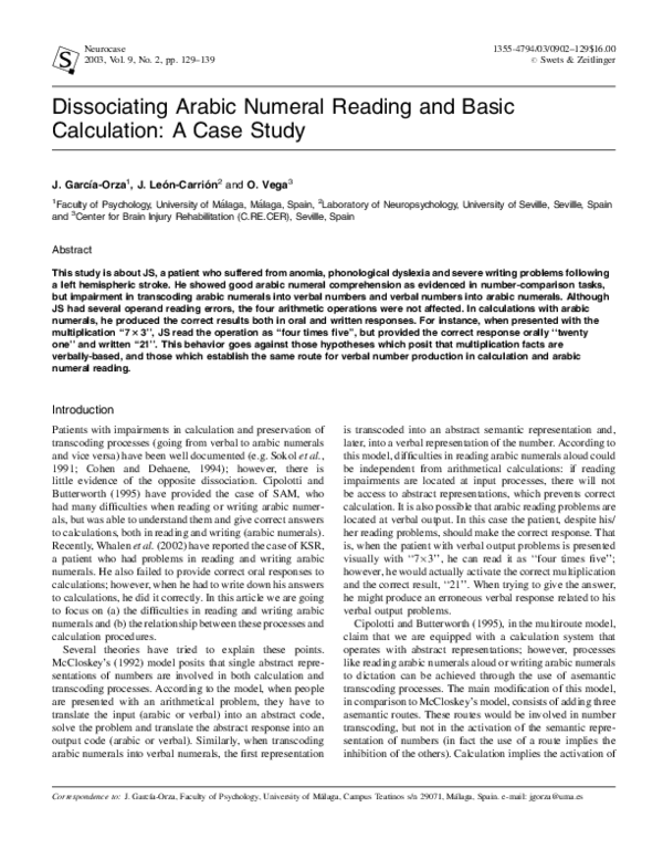 (PDF) Dissociating Arabic Numeral Reading and Basic Calculation: A Case Study
