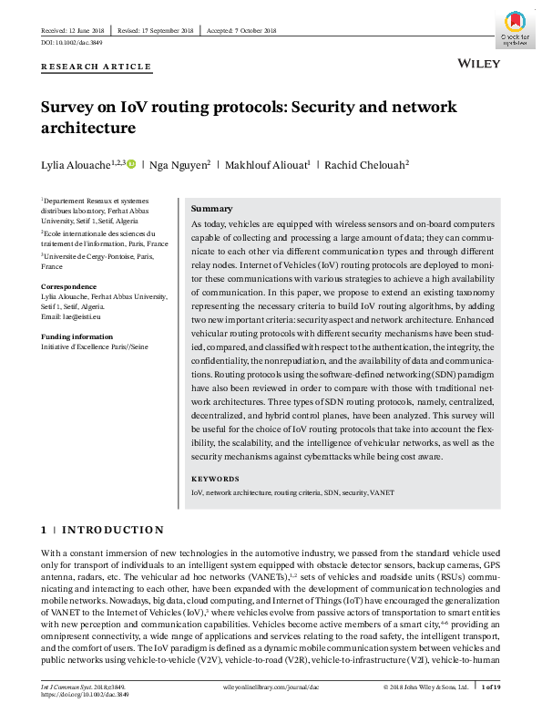 (PDF) Survey on IoV routing protocols: Security and network architecture (PDF) Survey on IoV routing protocols: Security and network architecture