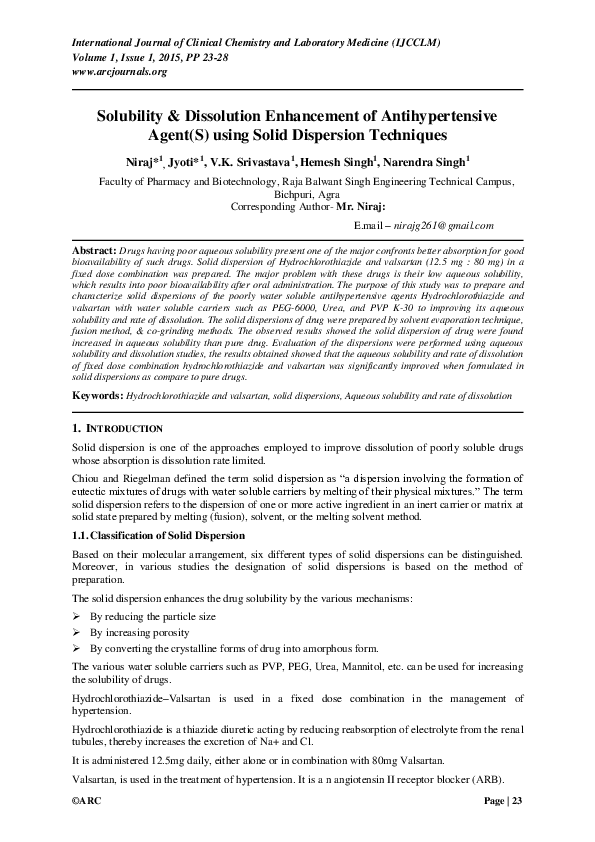 (PDF) Solubility & Dissolution Enhancement of Antihypertensive Agent(S) using Solid Dispersion ...