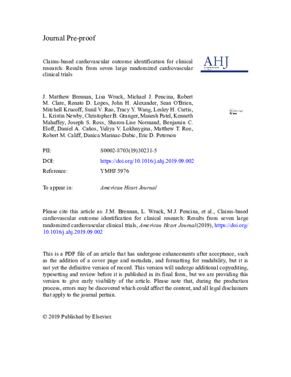 (PDF) Claims-based cardiovascular outcome identification for clinical ...