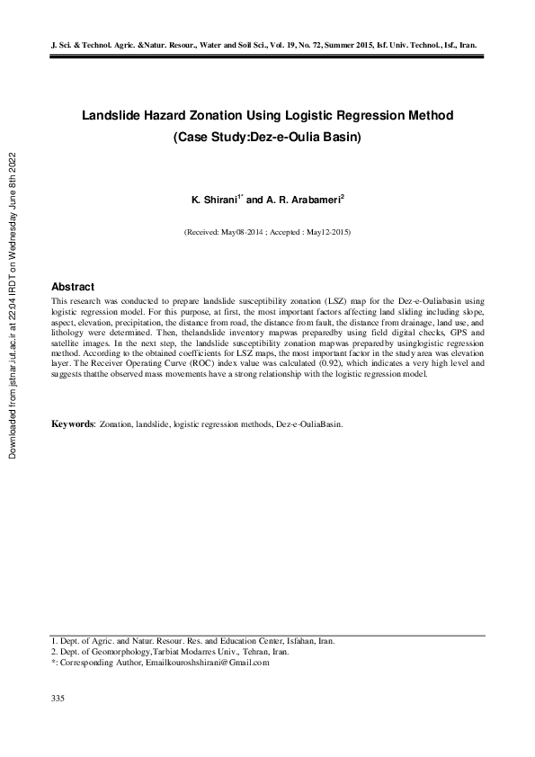 (PDF) Landslide Hazard Zonation Using Logistic Regression Method (Case Study:Dez-e-Oulia Basin)