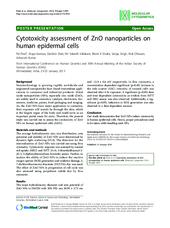 (PDF) Cytotoxicity assessment of ZnO nanoparticles on human epidermal cells