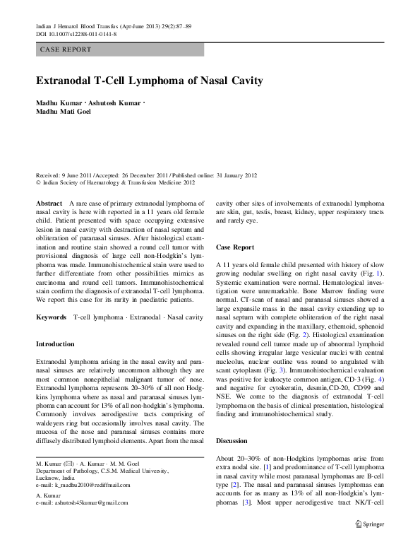 (PDF) Extranodal T-Cell Lymphoma of Nasal Cavity | Ashutosh Pandey - Academia.edu