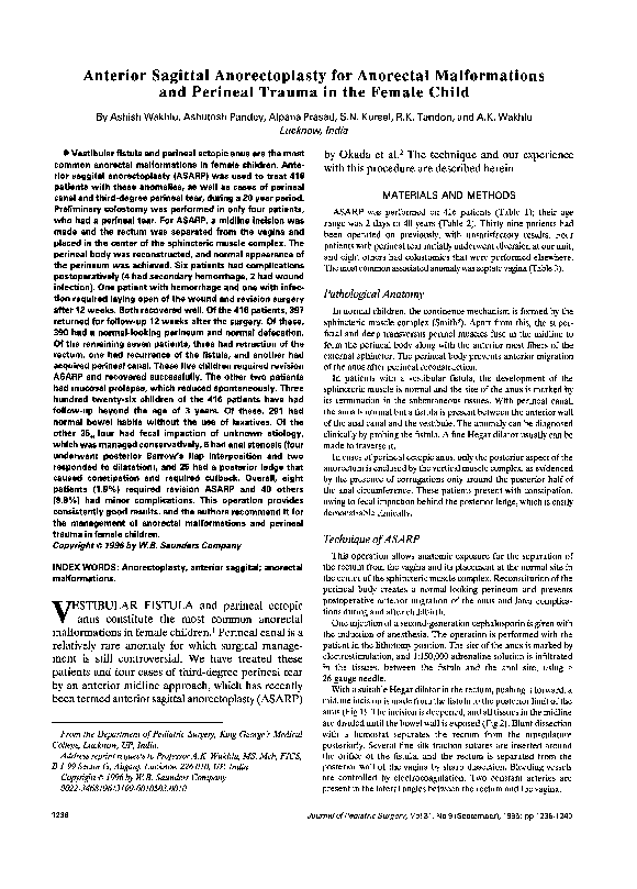 (PDF) Anterior sagittal anorectoplasty for anorectal malformations and ...
