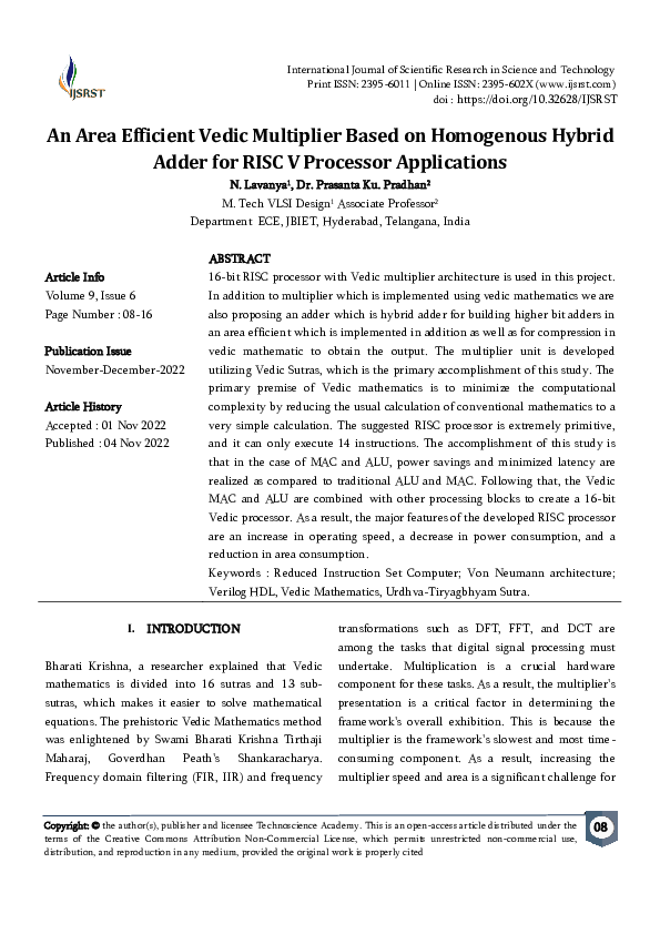 Pdf An Area Efficient Vedic Multiplier Based On Homogenous Hybrid Adder For Risc V Processor