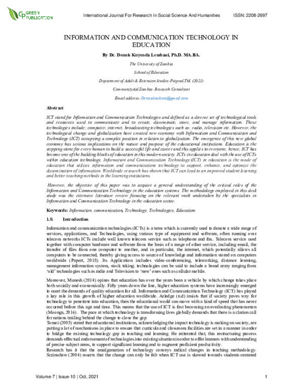 (PDF) INFORMATION AND COMMUNICATION TECHNOLOGY IN EDUCATION