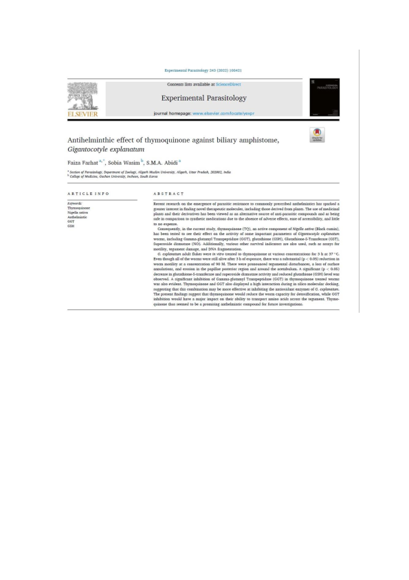 (PDF) Antihelminthic effect of thymoquinone against biliary amphistome ...