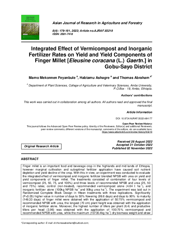 Pdf Integrated Effect Of Vermicompost And Inorganic Fertilizer Rates On Yield And Yield
