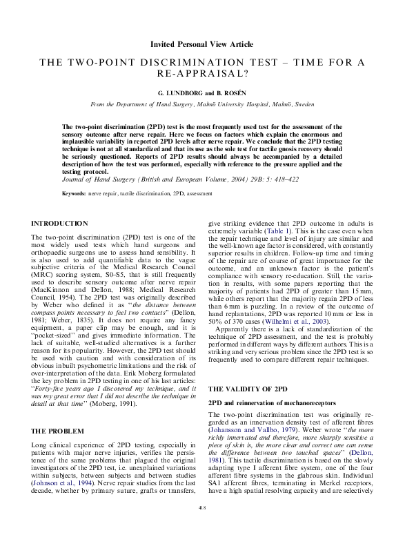 (PDF) The Two-Point Discrimination Test – Time For a Re-Appraisal?