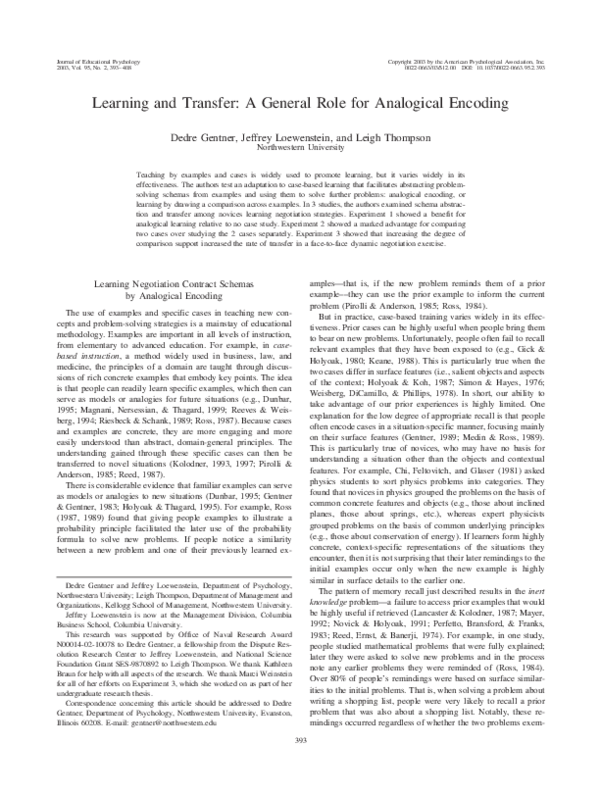 (PDF) Learning and transfer: A general role for analogical encoding