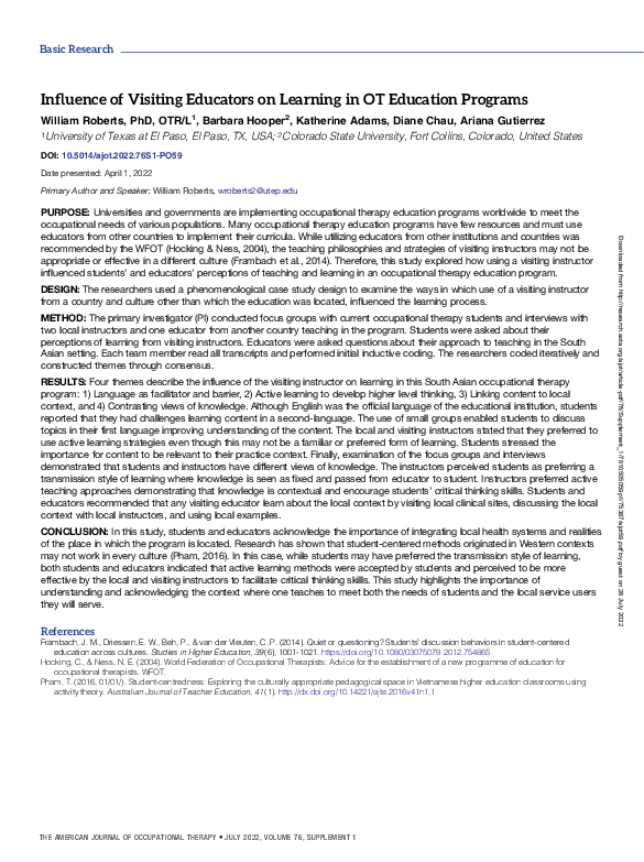 (PDF) Influence of Visiting Educators on Learning in OT Education Programs
