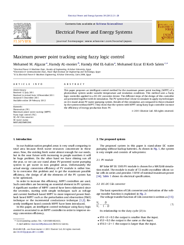(PDF) Maximum power point tracking using fuzzy logic control (PDF) Maximum power point tracking using fuzzy logic control