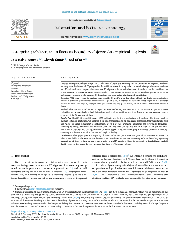 (PDF) Enterprise Architecture Artifacts as Boundary Objects: An Empirical Analysis