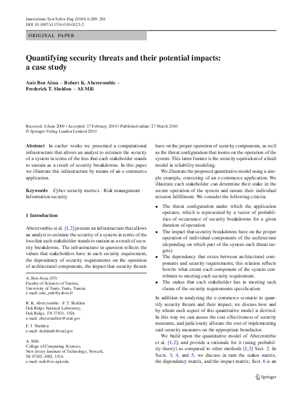 (PDF) Quantifying security threats and their potential impacts: a case study