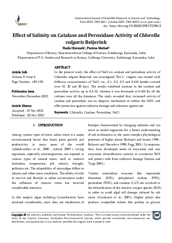 (PDF) Effect of Salinity on Catalase and Peroxidase Activity of ...