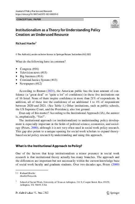 (PDF) Institutionalism as a Theory for Understanding Policy Creation ...