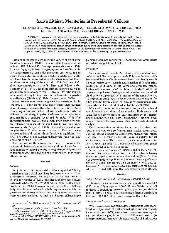 (PDF) Saliva Lithium Monitoring in Prepubertal Children