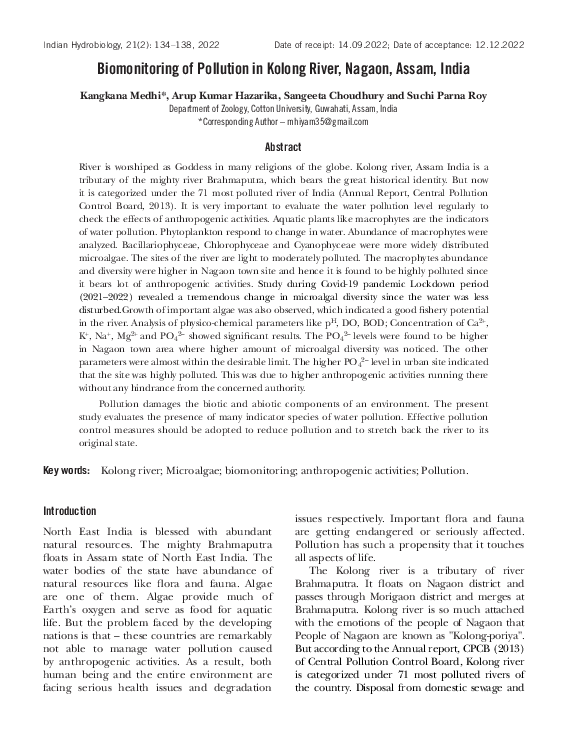 (PDF) Biomonitoring of Pollution in Kolong River, Nagaon, Assam, India