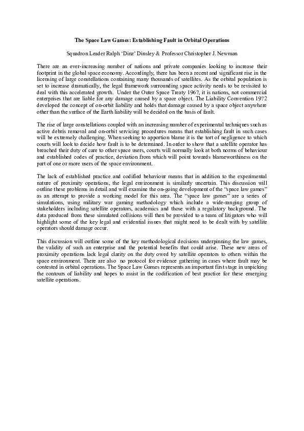 (DOC) The Space Law Games: Establishing fault in orbital operations