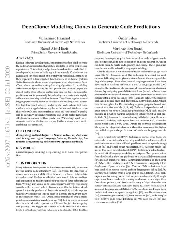 (PDF) DeepClone: Modeling Clones to Generate Code Predictions