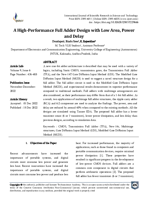 Pdf A High Performance Full Adder Design With Low Area Power And Delay
