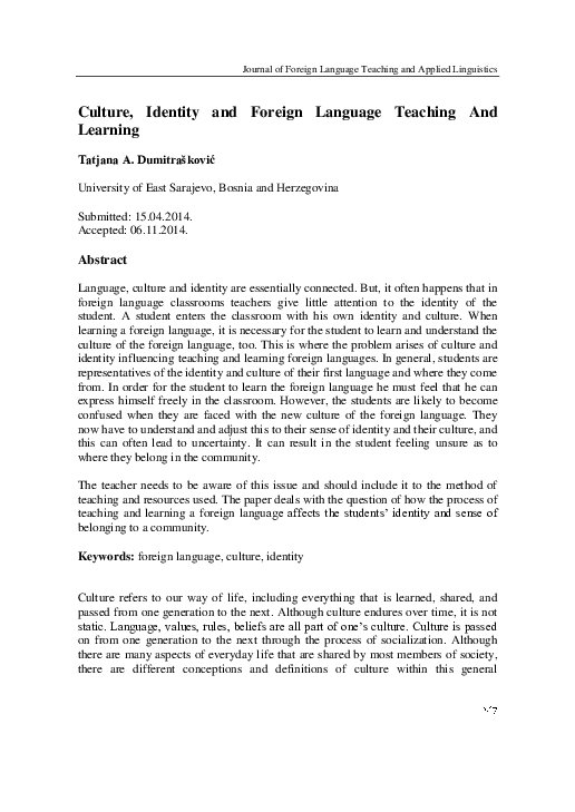 Pdf Culture Identity And Foreign Language Teaching And Learning