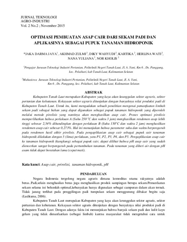(PDF) Optimasi Pembuatan Asap Cair Dari Sekam Padi Dan Aplikasinya Sebagai Pupuk Tanaman Hidroponik