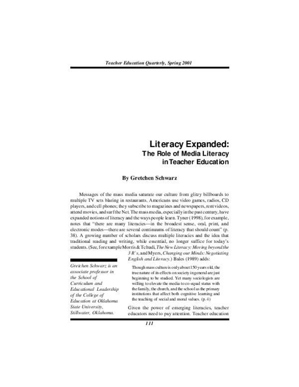 (PDF) Literacy Expanded: The Role of Media Literacy in Teacher Education