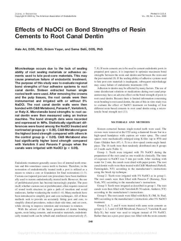 (PDF) Effects of NaOCl on Bond Strengths of Resin Cements to Root Canal ...