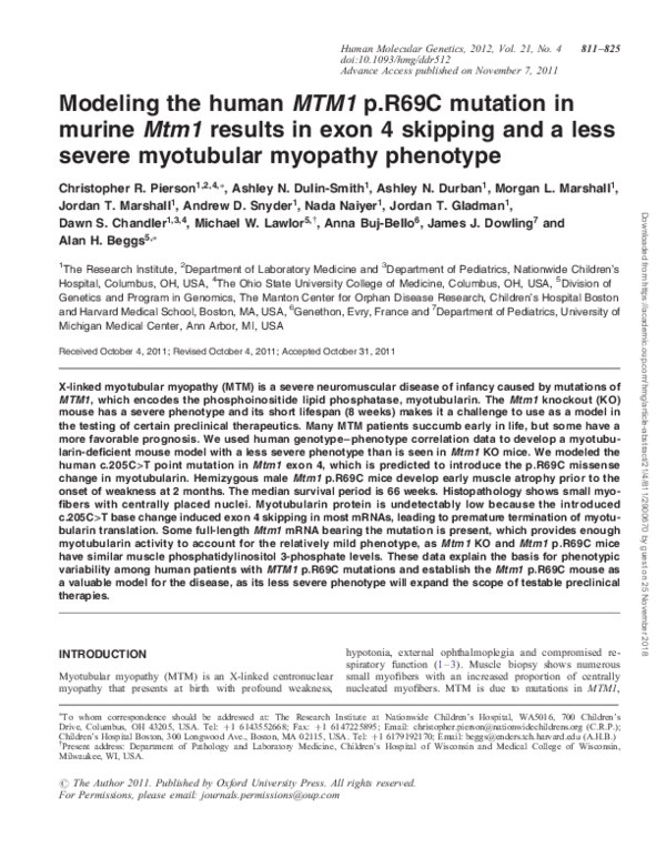 (PDF) Mtm1 p.R69C Mutation Effects in Mouse Model