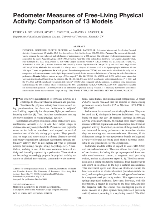 (PDF) Pedometer Measures of Free-Living Physical Activity: Comparison of 13 Models