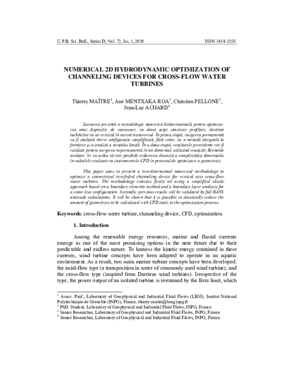 (PDF) Numerical 2D Hydrodynamic optimization of channelling devices for cross flow water turbines