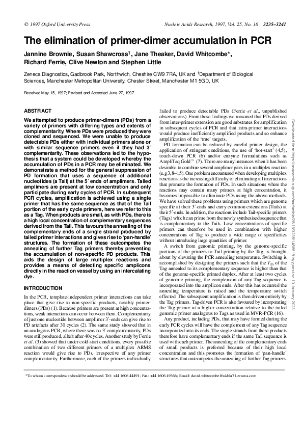 (PDF) The elimination of primer-dimer accumulation in PCR
