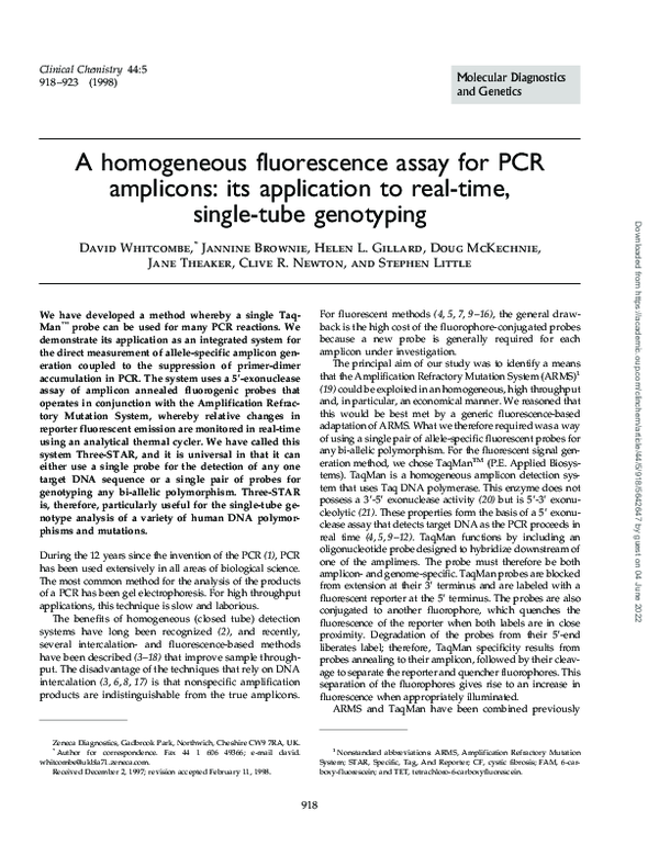 (PDF) A homogeneous fluorescence assay for PCR amplicons: its ...