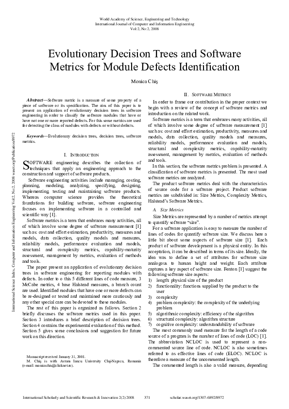 (PDF) Evolutionary Decision Trees And Software Metrics For Module Defects Identification