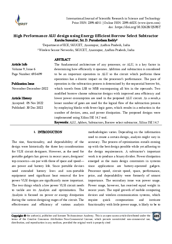 Pdf High Performance Alu Design Using Energy Efficient Borrow Select Subtractor