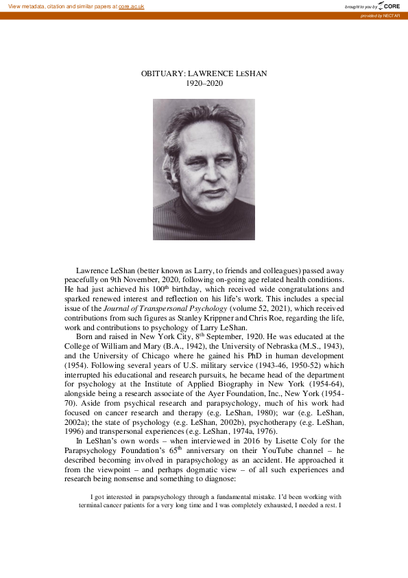 (PDF) Obituary: Lawrence LeShan, 1920-2020