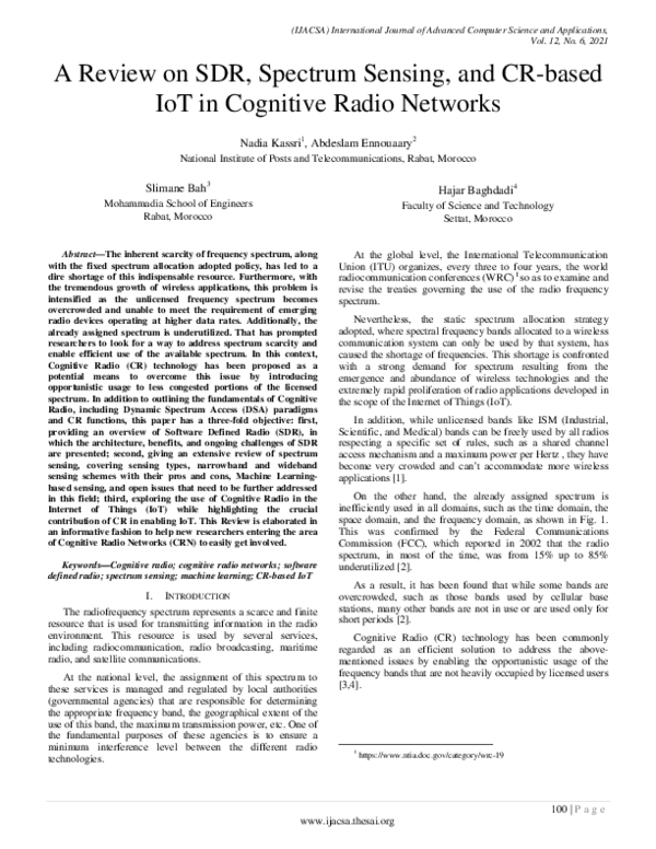 (PDF) A Review on SDR, Spectrum Sensing, and CR-based IoT in Cognitive Radio Networks