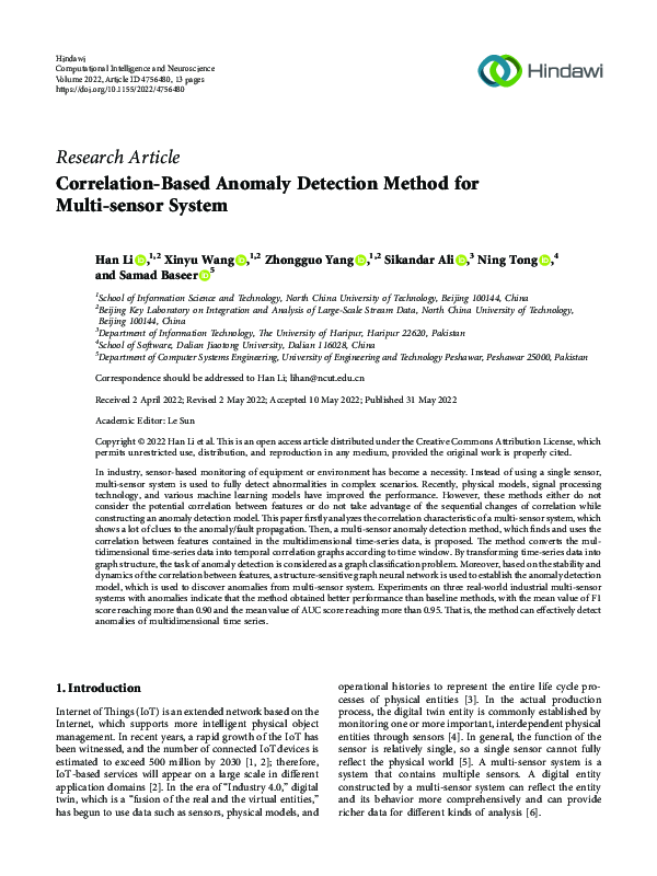 Pdf Correlation Based Anomaly Detection Method For Multi Sensor System 3560