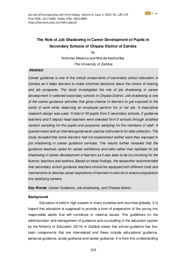 (PDF) The Role of Job Shadowing in Career Development of Pupils in Secondary Schools of Chipata ...