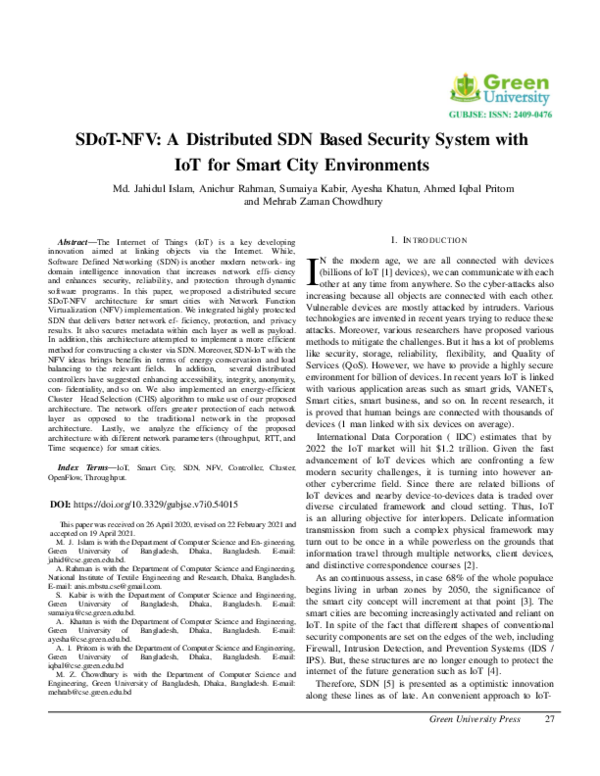 (PDF) SDoT-NFV: A Distributed SDN Based Security System with IoT for Smart City Environments