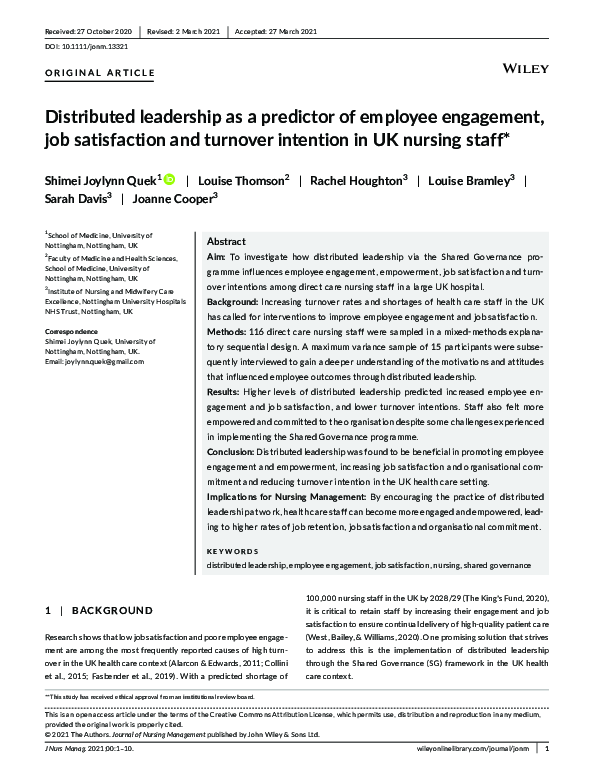 (PDF) Distributed leadership as a predictor of employee engagement, job ...