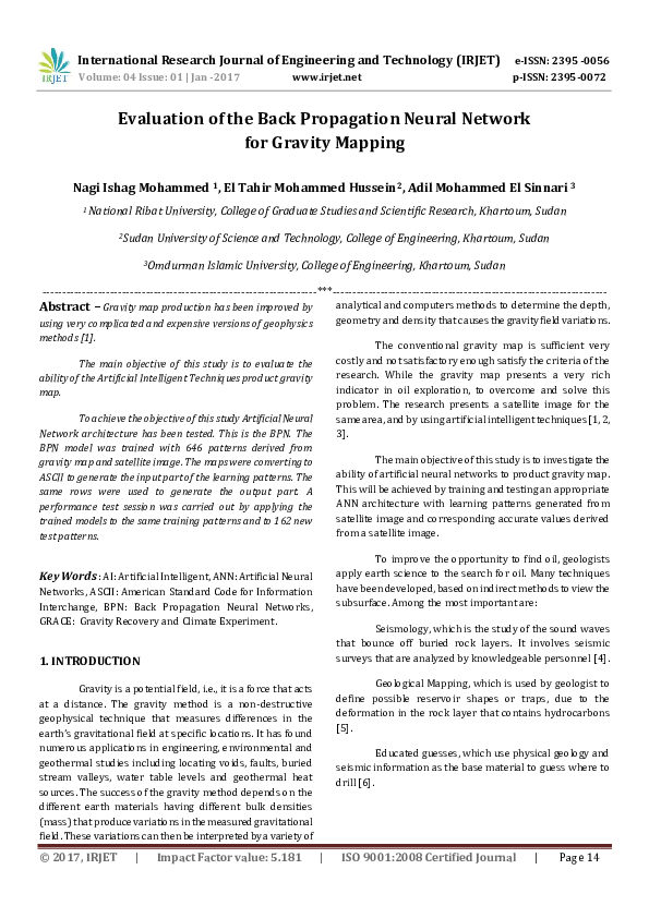 (PDF) Evaluation of the Back Propagation Neural Network for Gravity Mapping
