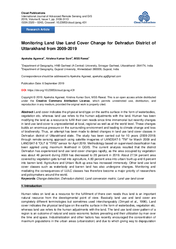 (PDF) Monitoring Land Use Land Cover Change for Dehradun District of Uttarakhand from 2009-2019